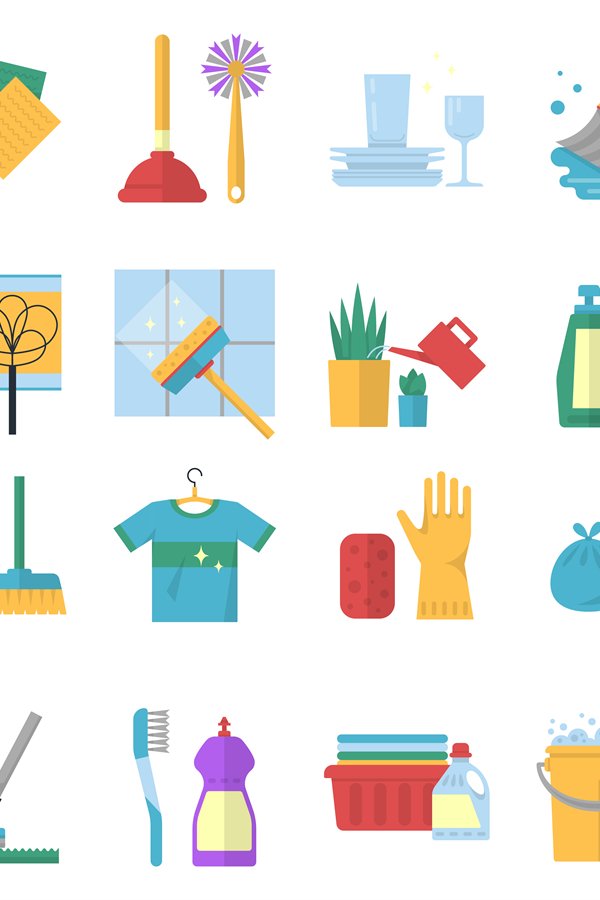 Vector symbols of cleaning services in cartoon style. Brush,