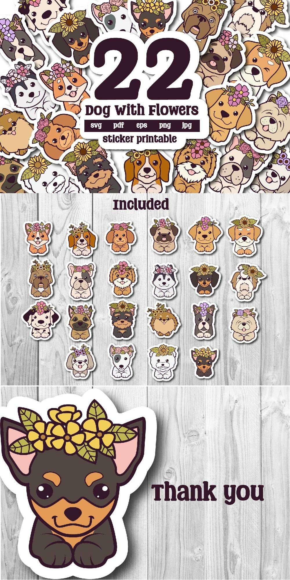 22 Dog With Flowers Sticker printable Bundle