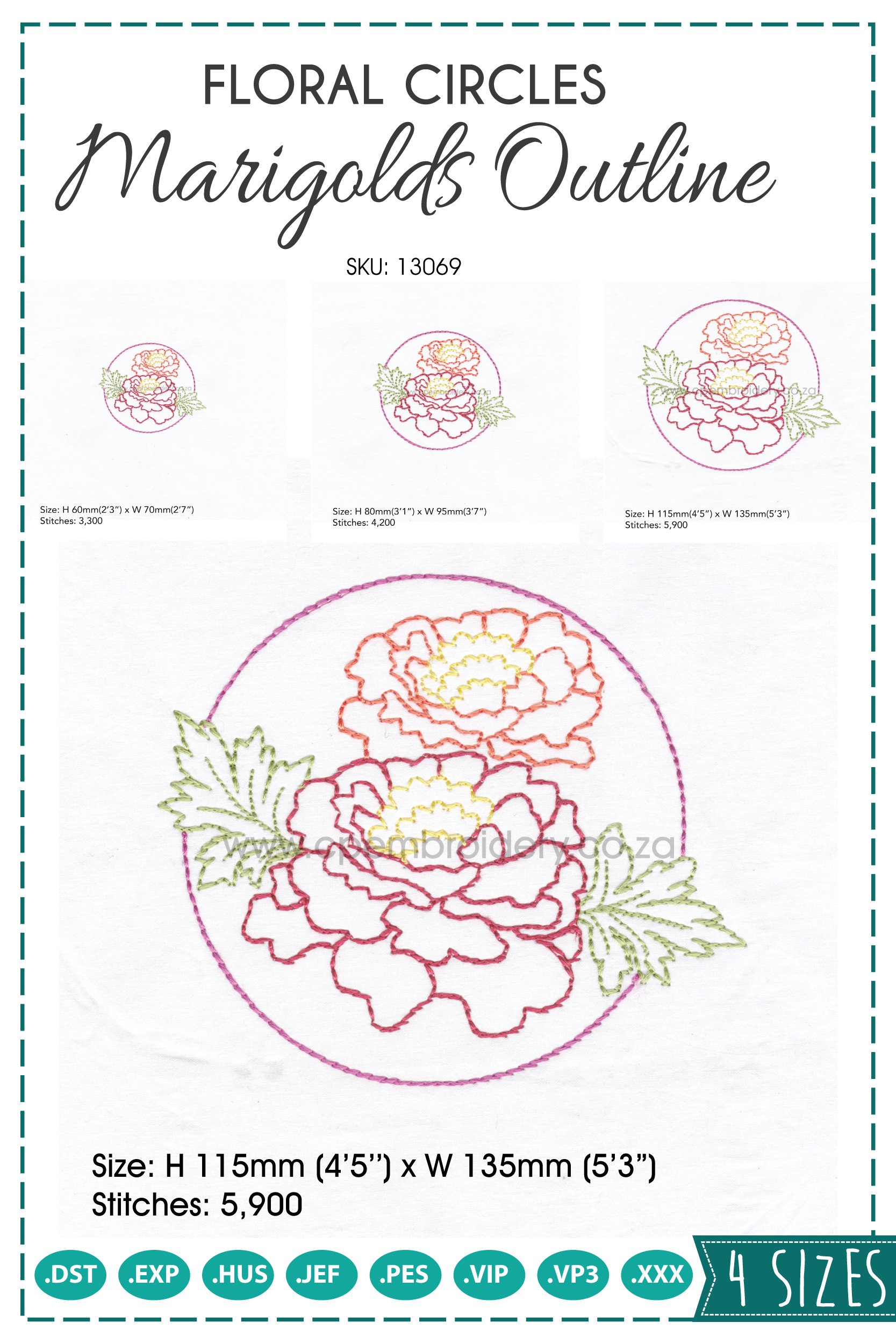 Marigold Outline Floral Circles Machine Embroidery Design