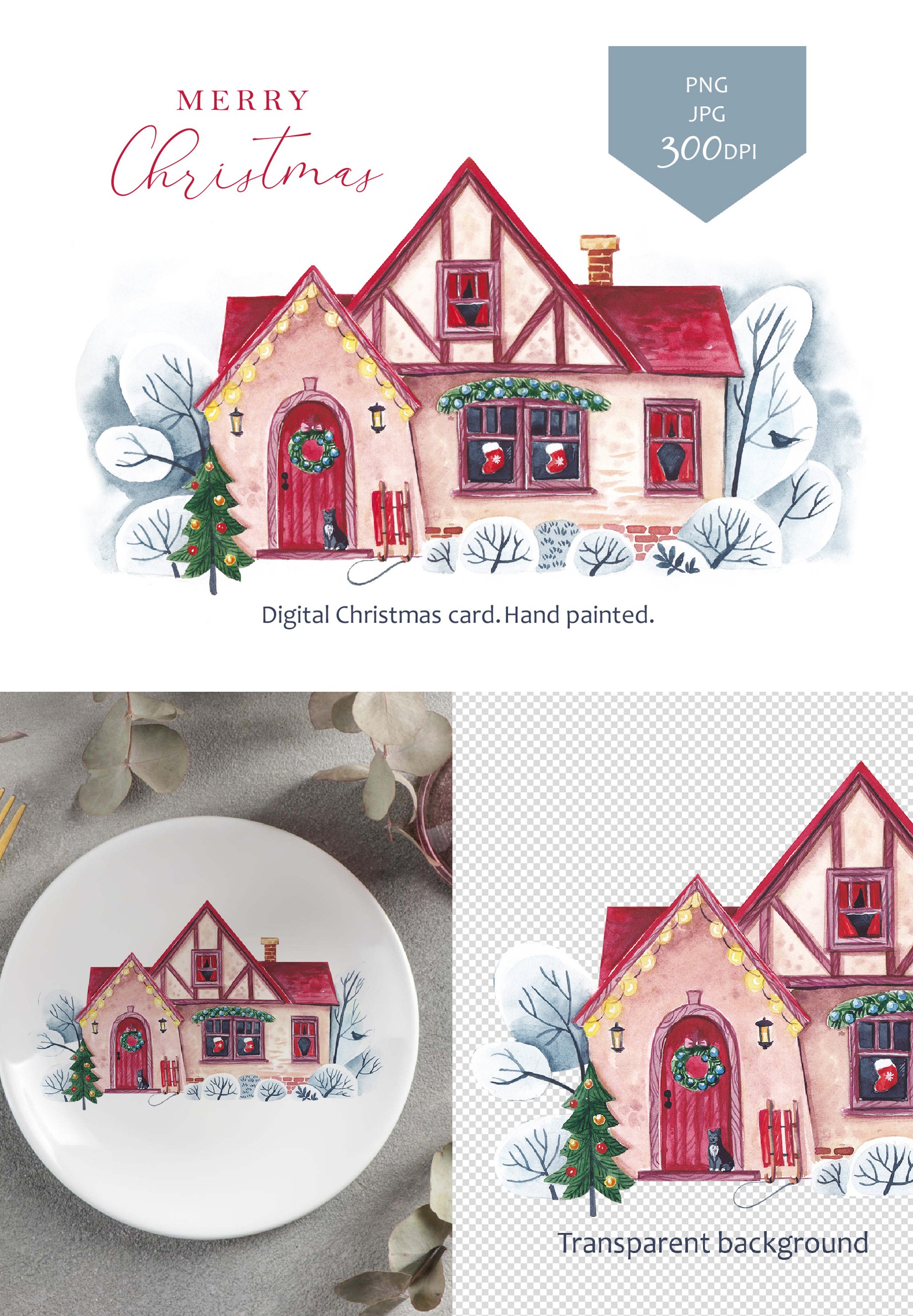 Watercolor Christmas hous sublimation clipart, PNG (2143628)