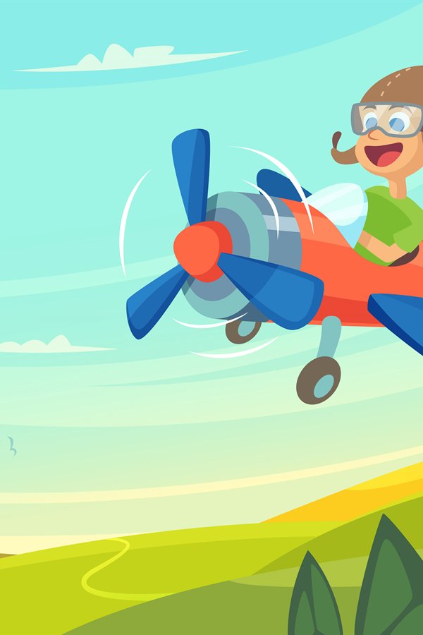 Boy flying in airplane. Funny cartoon illustration