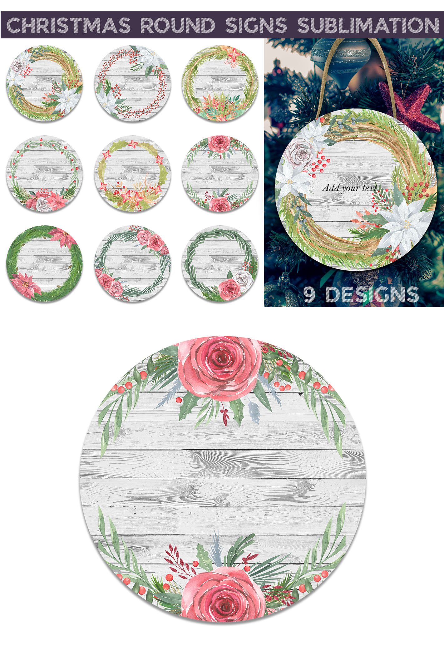 Christmas Round Signs Bundle | Wood With Floral Round Signs