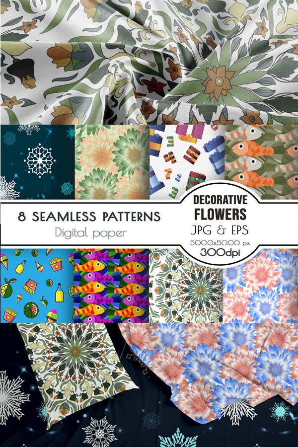 Seamless patterns. Flowers, food, snowflakes, fish (880510)