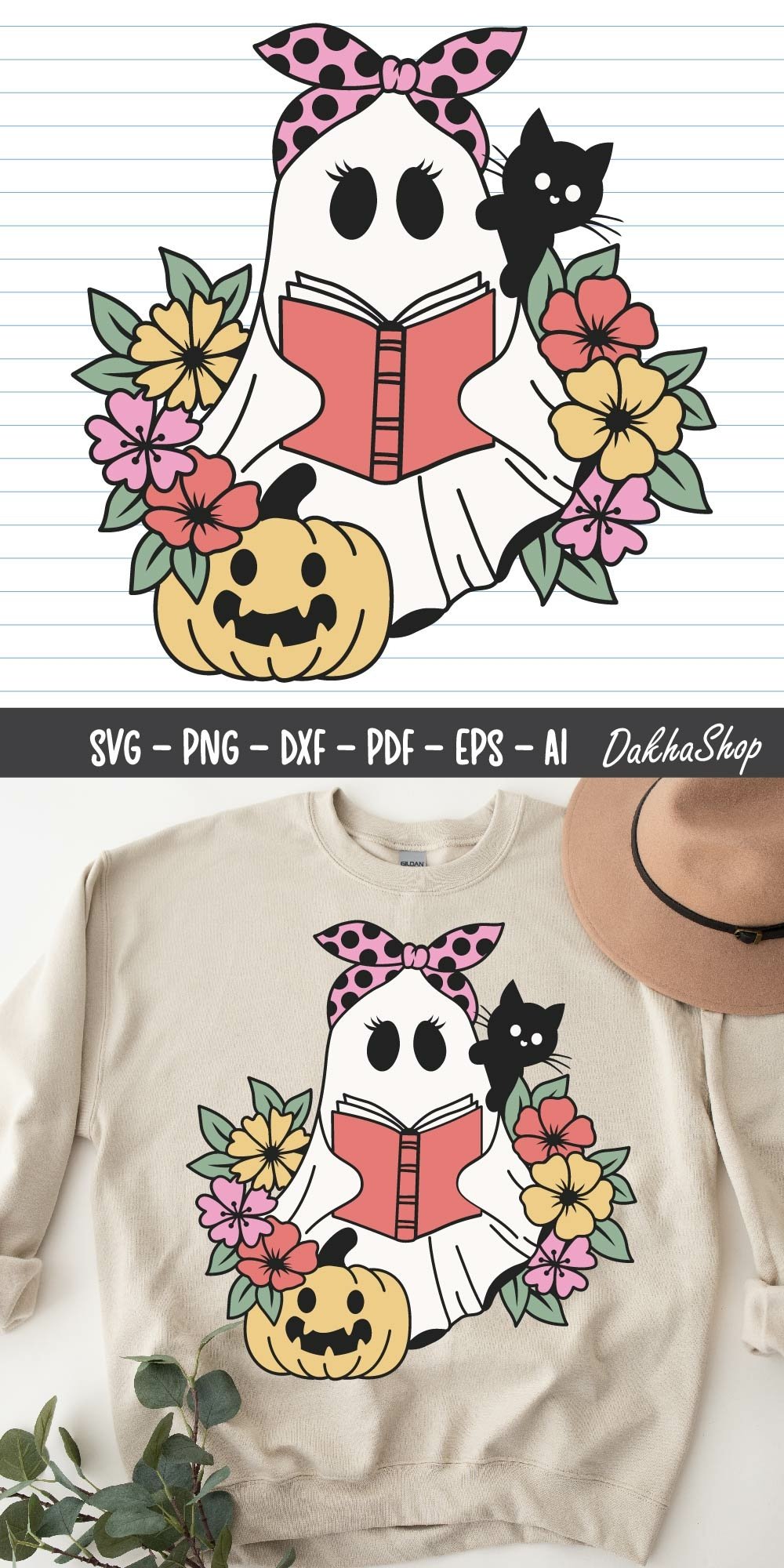 Cute Ghost Reading Book Svg Flower Ghost Halloween Cat Png
