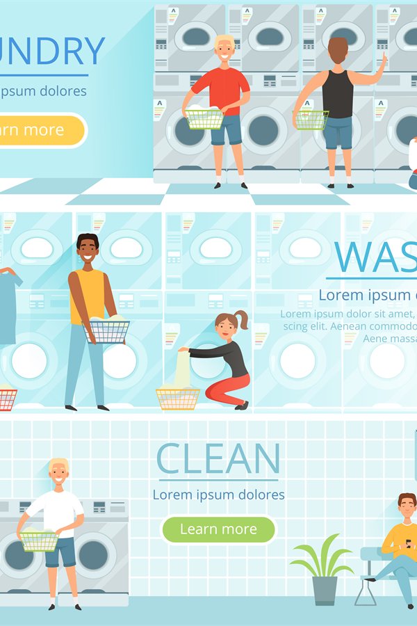 Laundry service. Banners design with washing pictures