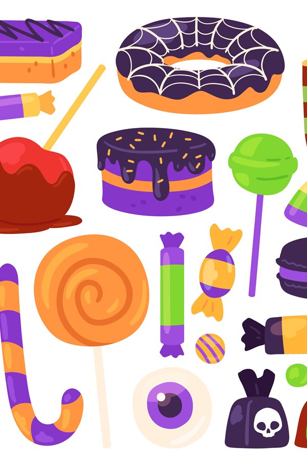 Halloween sweets. Trick or treats candies and dessert with s