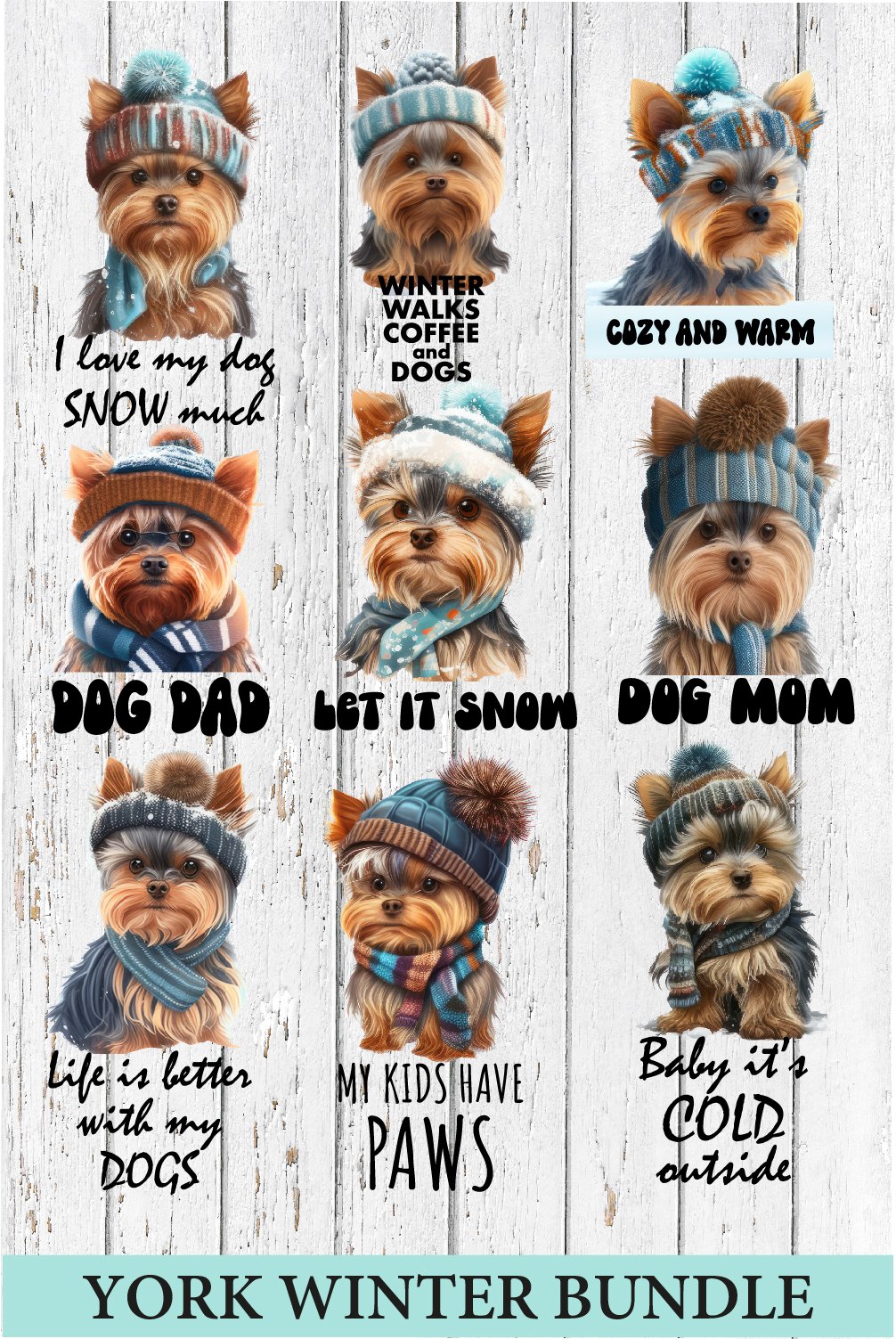Winter Yorkshire Terrier PNG Bundle. Cute Winter Dog Quotes
