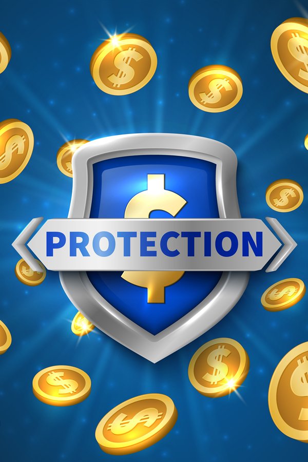 Money protection. Realistic shield, flying golden coins vect