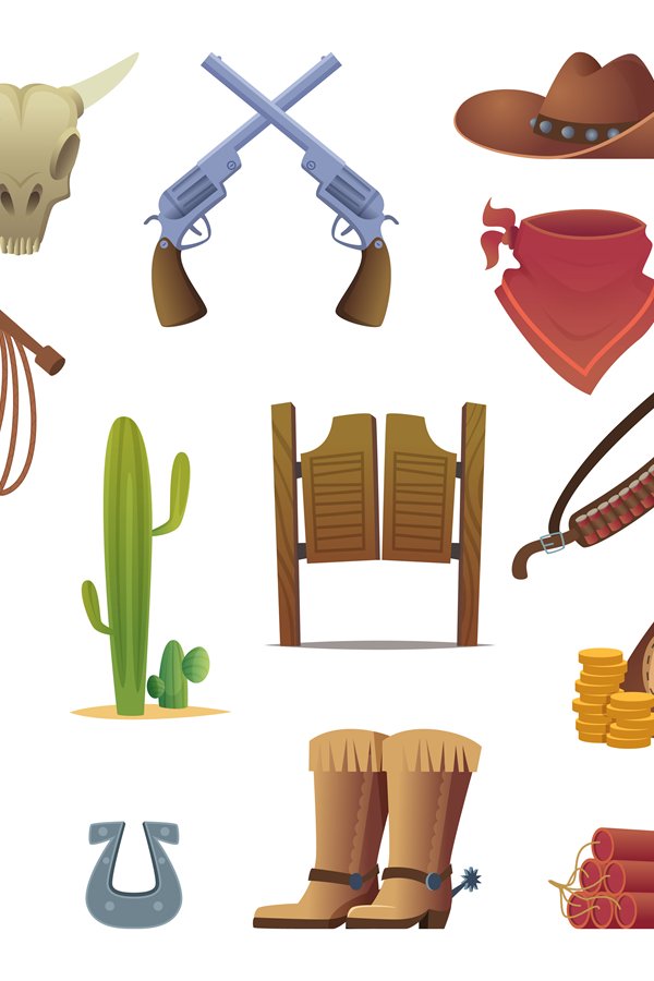 Wild west icon. Cowboys country western symbols saloon boots