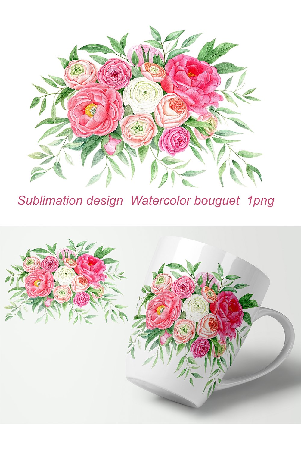 Watercolor bouquet with pink peonies. Sublimation design.