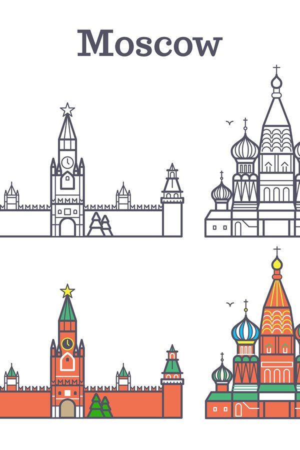 Moscow linear russia landmark, soviet buildings, Red Square