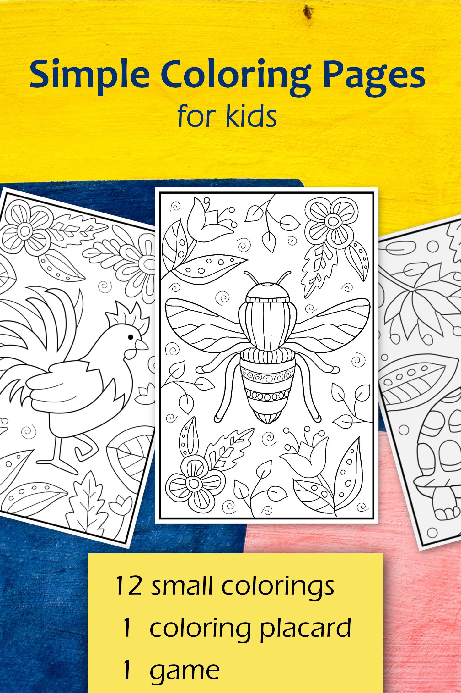 12 Coloring book pages with animals, insects for children