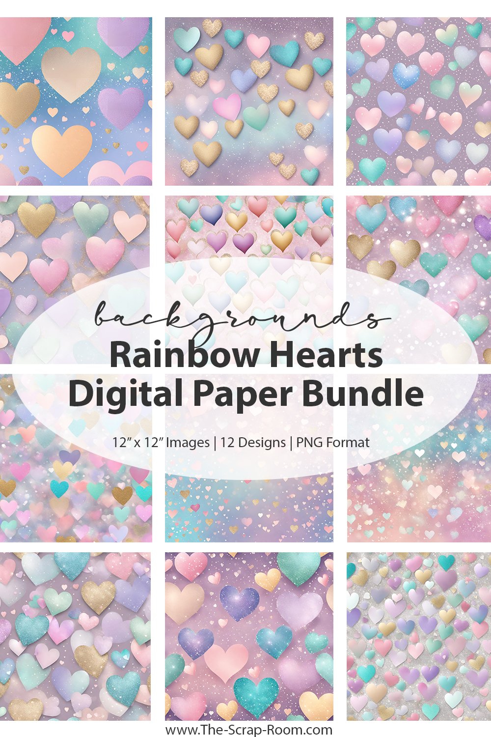 Digital Paper, printable: Pastel Rainbow Ombre Hearts