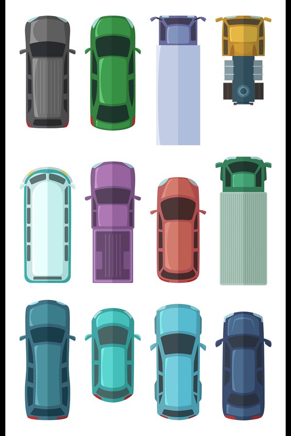 Different roofs of automobiles in the city. Top view cars. V