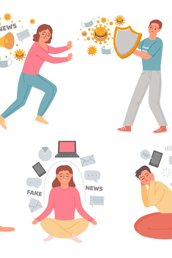 Information overload. Man and woman overwhelmed by data. Peo