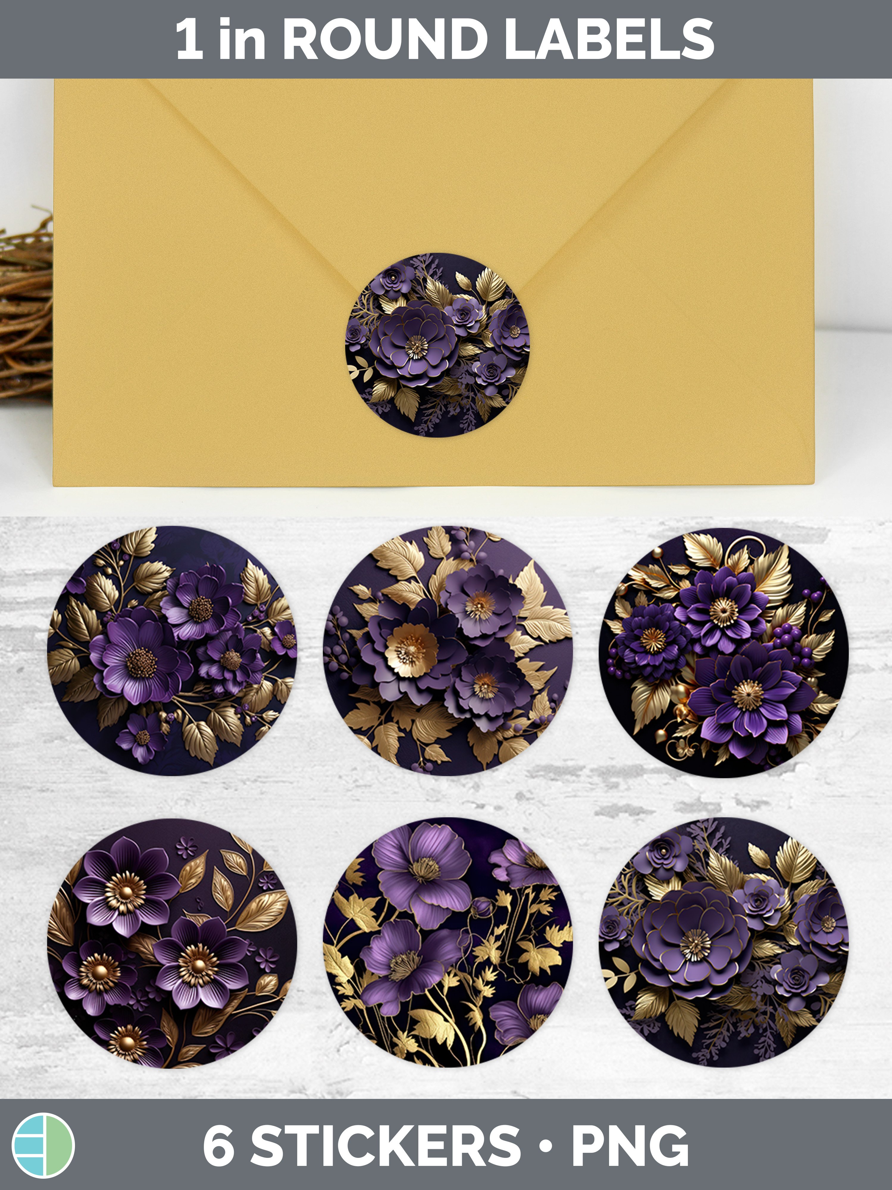 3D Elegant Violet Flowers Stickers | Round Labels Designs Bu