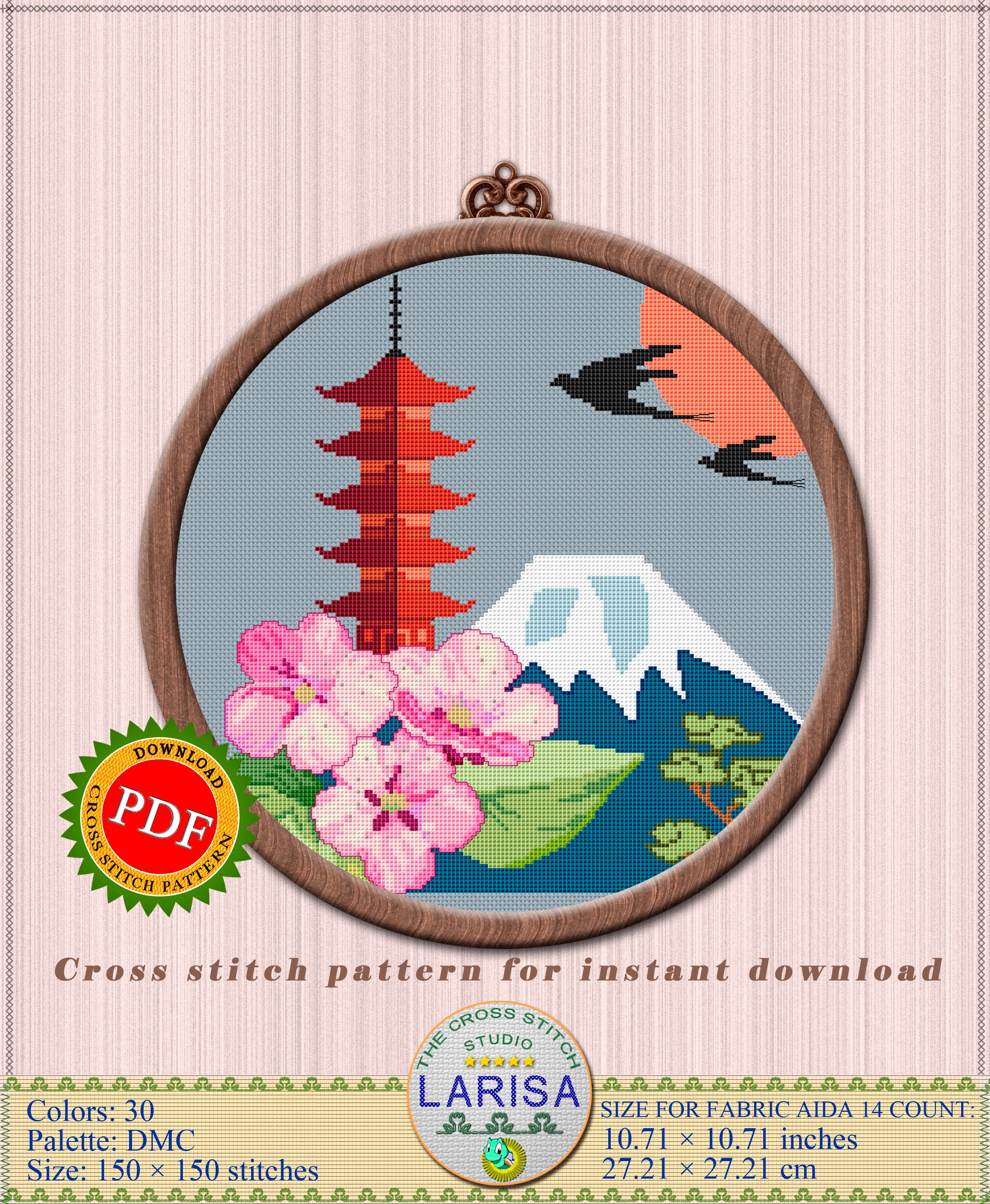 Japanese Pagoda cross stitch pattern | Sakura | Bonsai