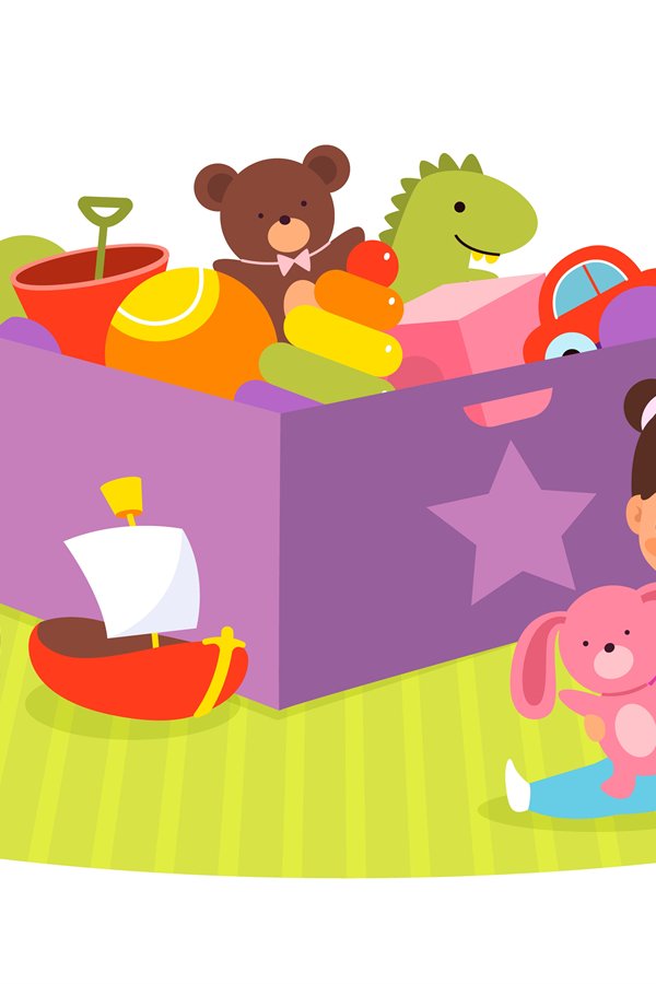 Kids play toys box. Happy children in game around big contai