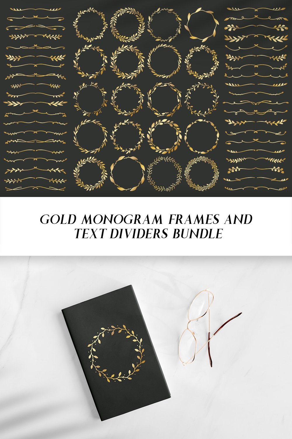 Gold monogram frames and text dividers bundle