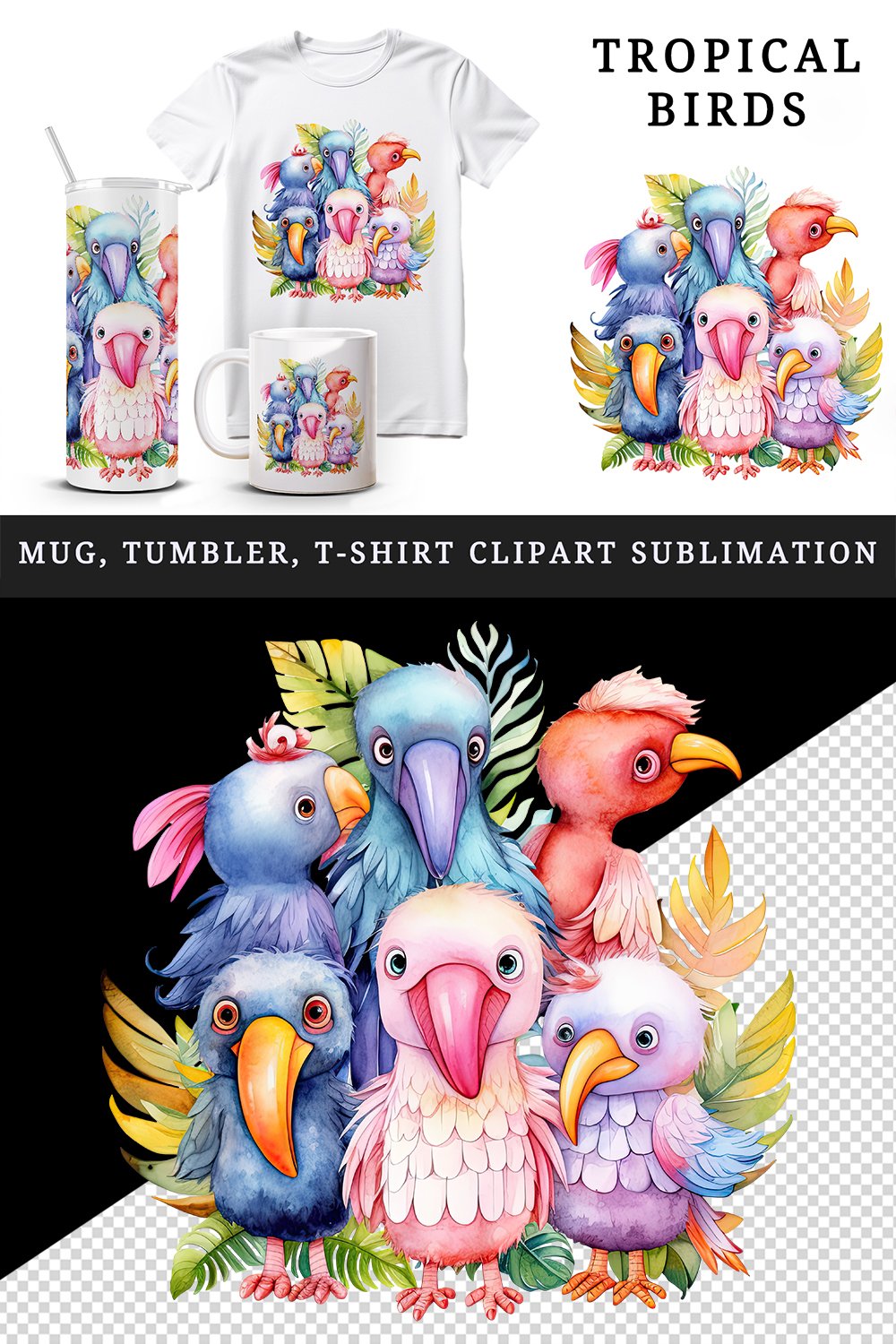 Tropical birds tumbler, mug wrap, clipart sublimation design