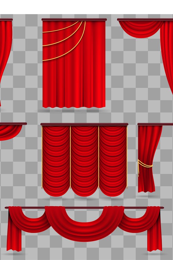 Realistic red velvet stage curtains, scarlet theatre drapery
