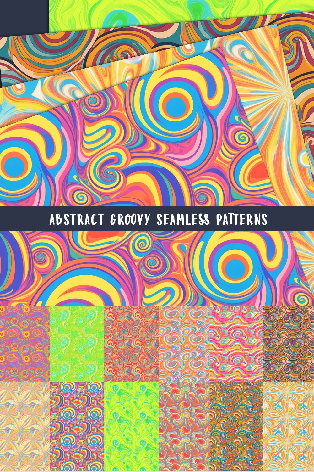 Psychedelic Groovy Digital Paper, Retro Seamless Patterns