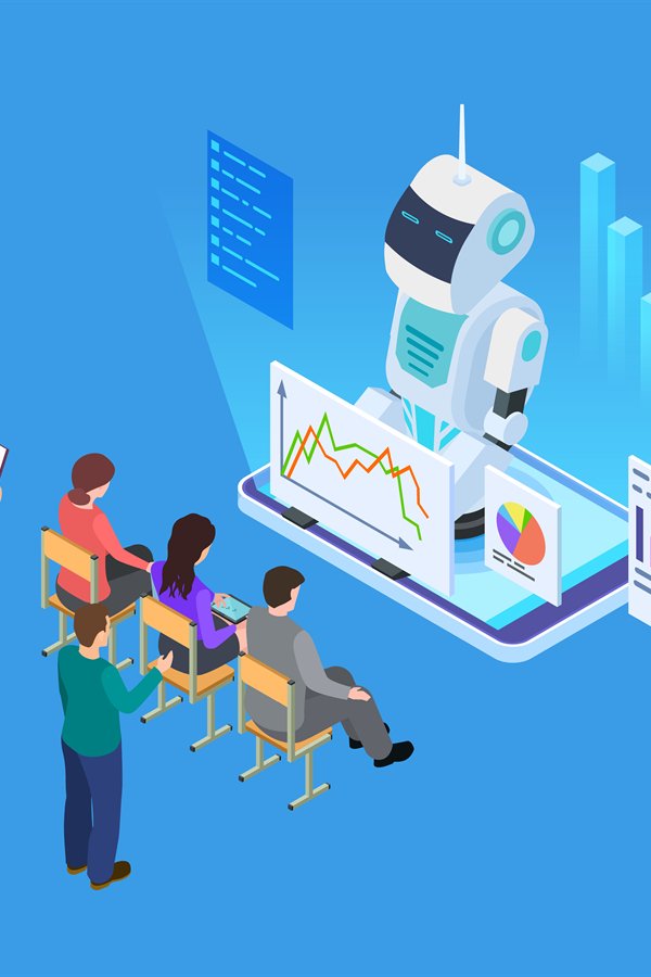 Business training with artificial intelligence. Isometric ve