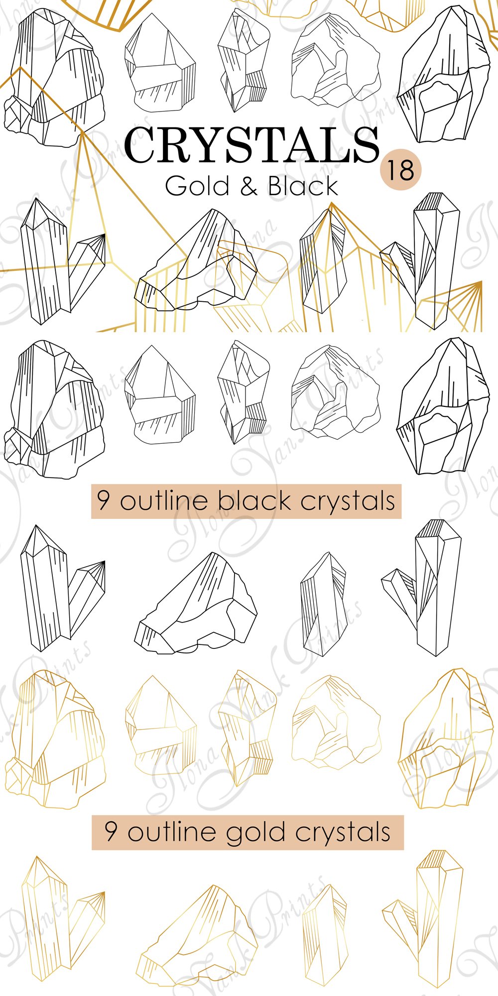 Crystals outline clipart PNG, Black Gold diamonds bundle