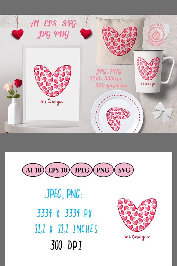 Red heart made of decorative hearts. Sublimation with quote