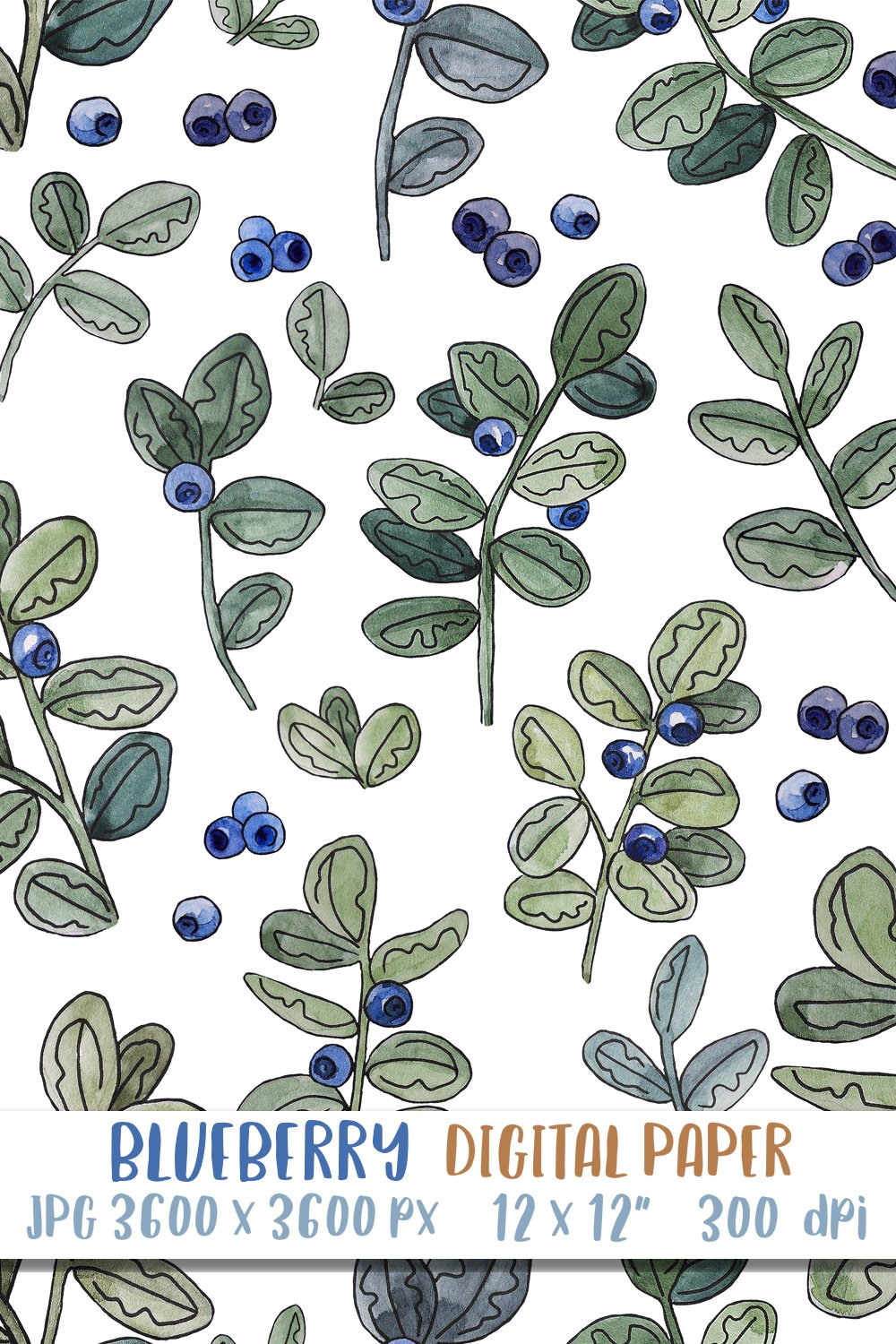 Watercolor blueberry Digital paper Floral seamless pattern