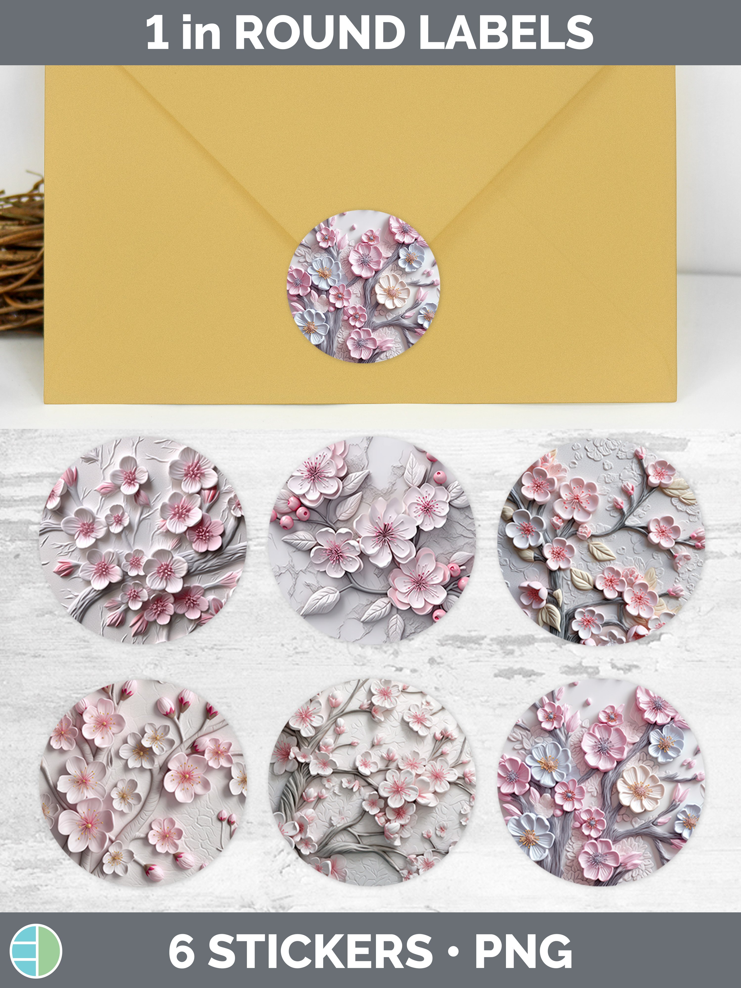 3D Cherry Blossom Flowers Stickers | Round Labels Designs Bu