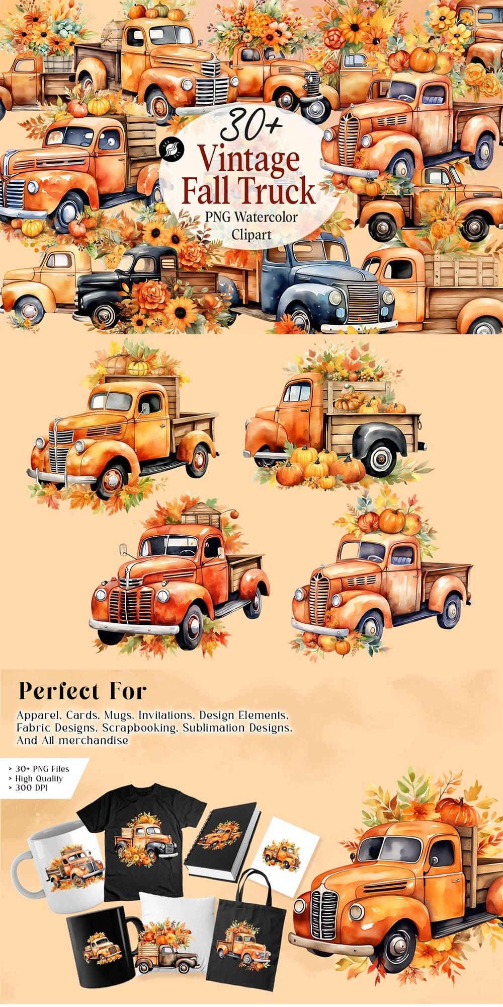 Vintage Fall Truck PNG Watercolor Sublimation Clipart Bundle