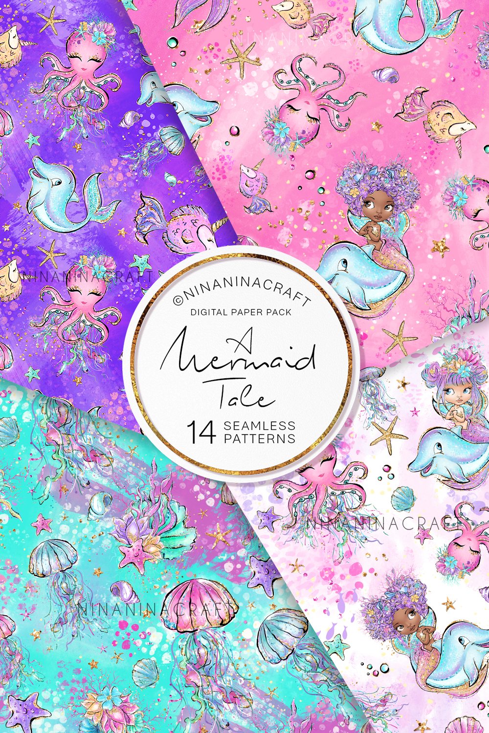 Mermaid Seamless Pattern Pack, Fabric Designs, Surface