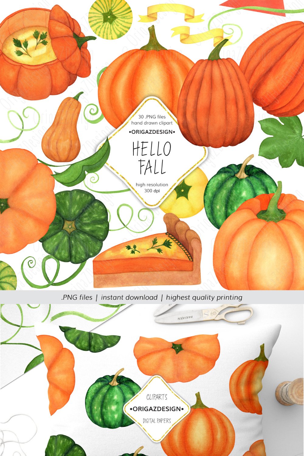 Watercolor Fall Clipart, Autumn Pumpkin Thanksgiving Clipart