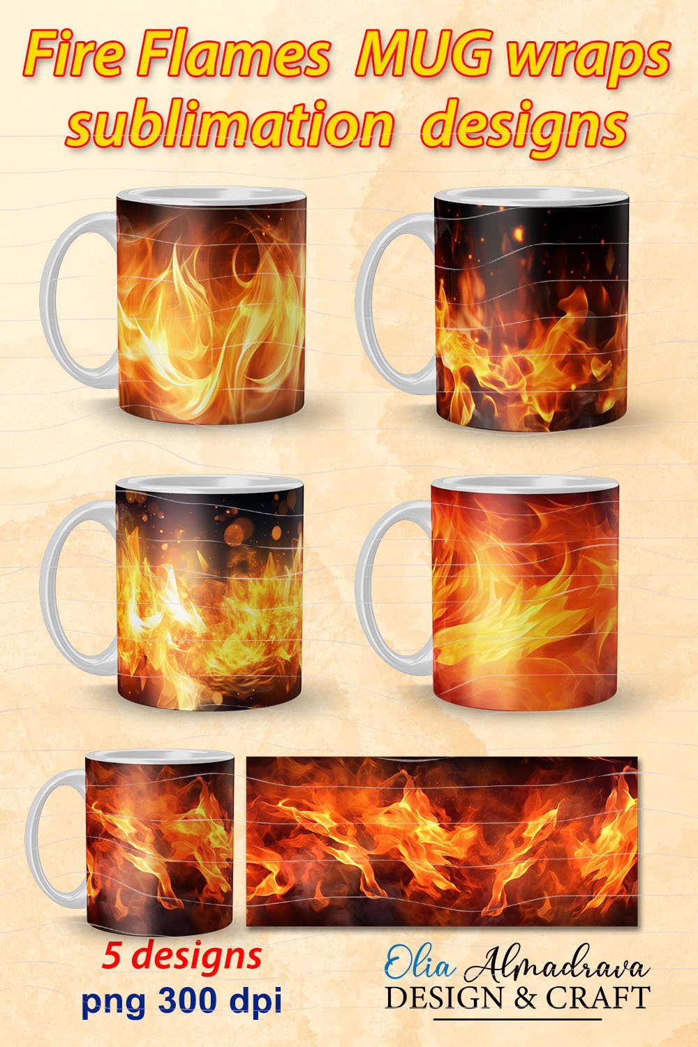 Mug Wrap Bundle| 3D Fire Flames Mug Sublimation Designs PNG