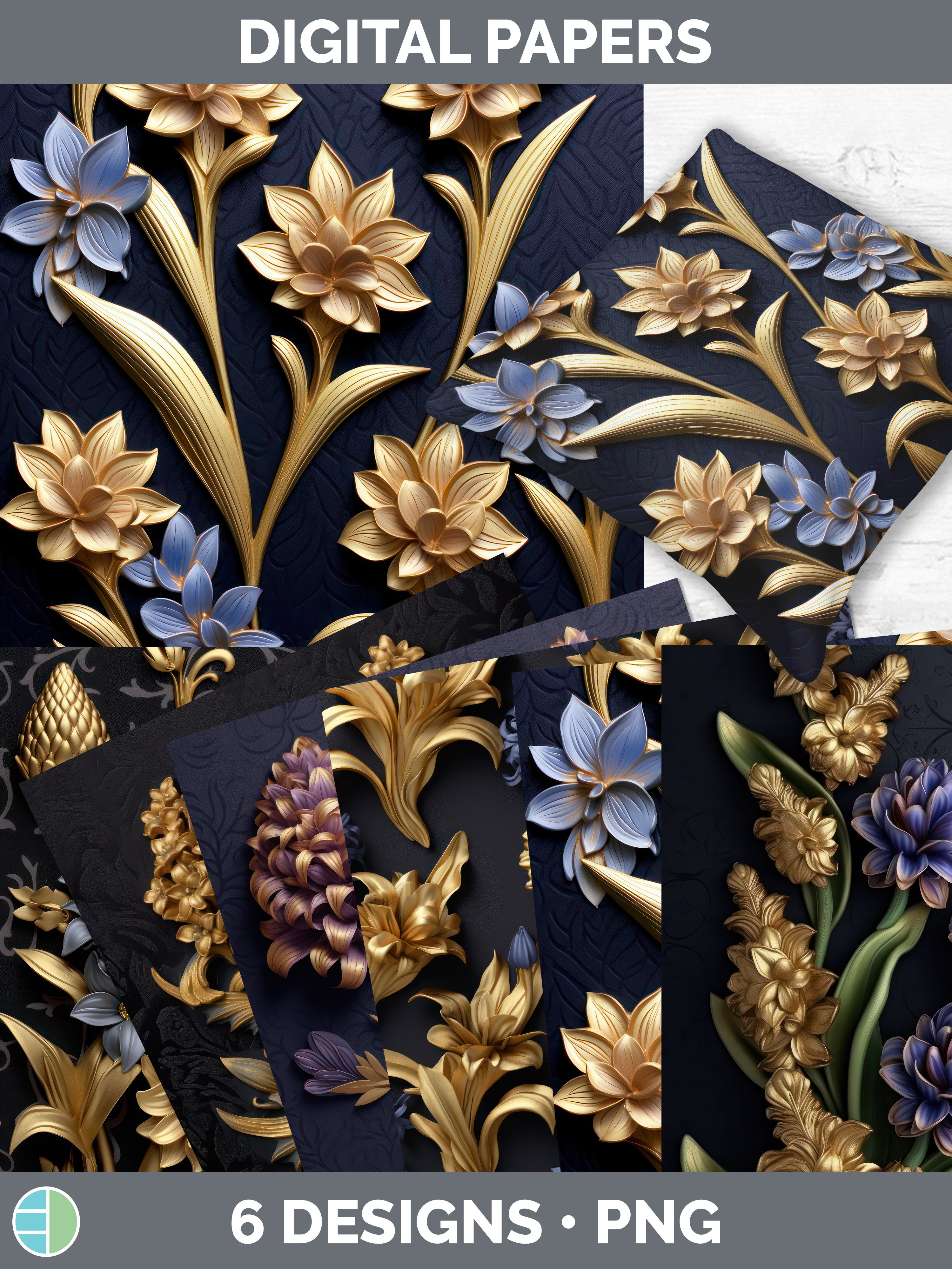 3D Gold Hyacinth Flowers Paper Backgrounds | Digital Scrapbo