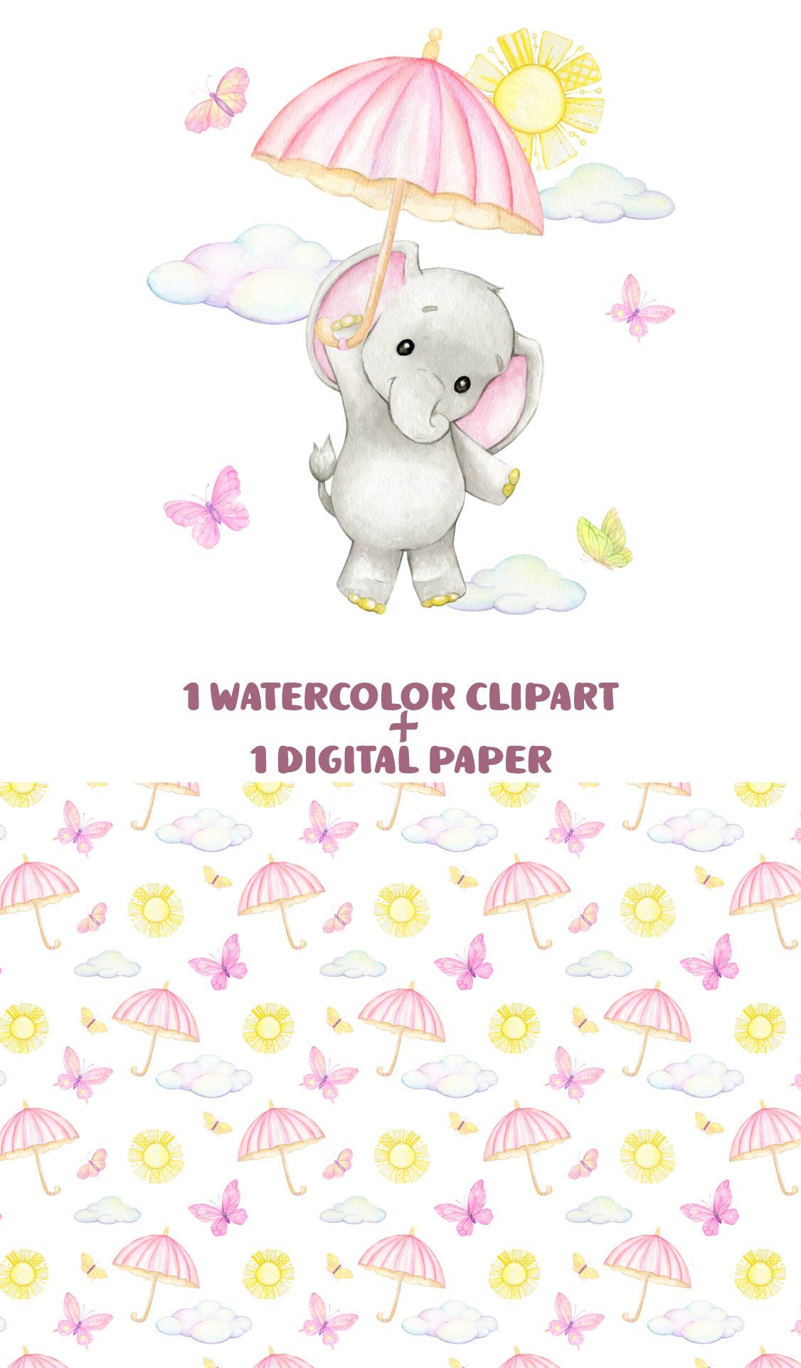 Pink Elephant digital paper, elephant clipart watercolor