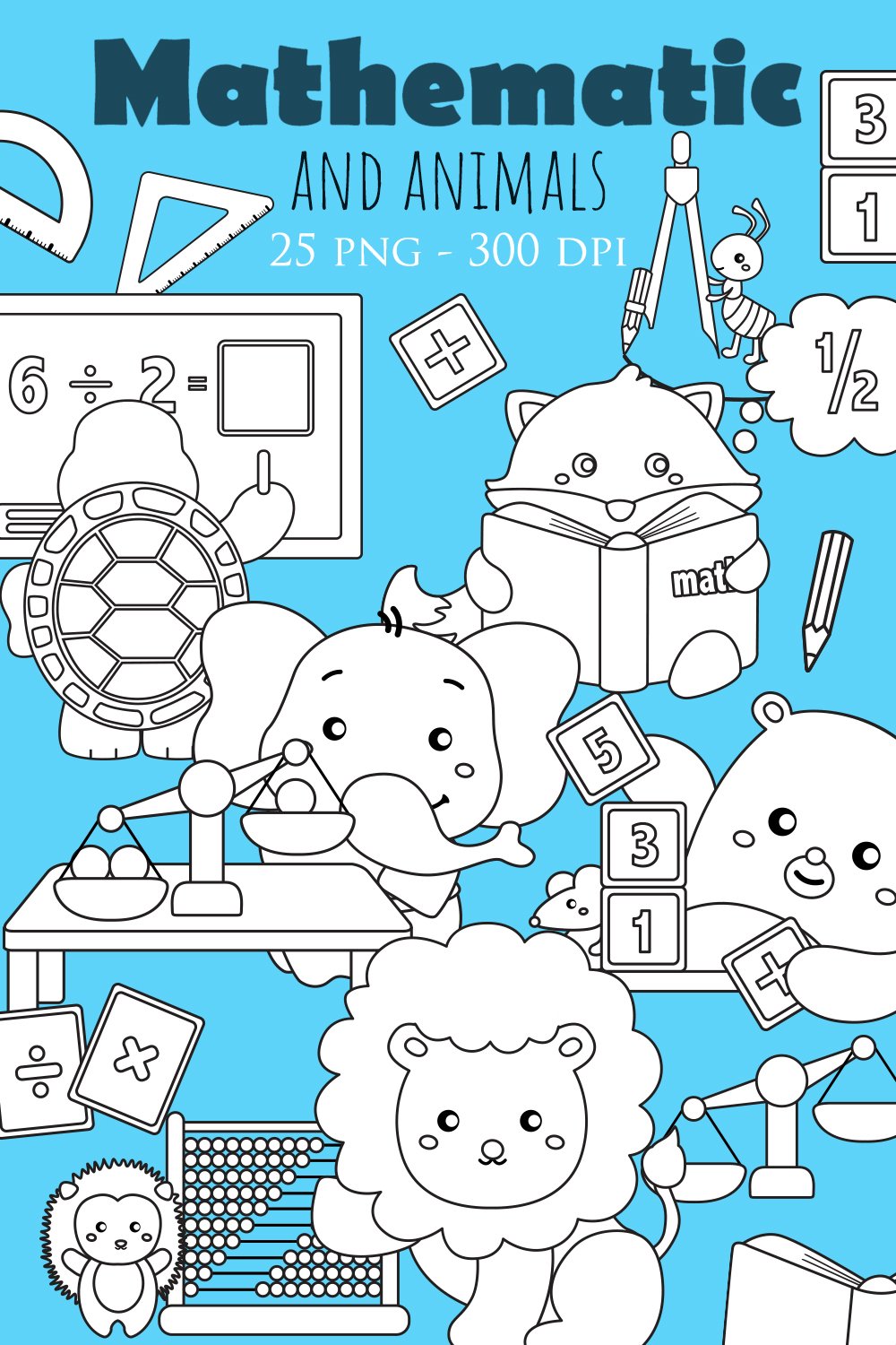 Cute Mathematics and Animal Cartoon Digital Stamp Outline