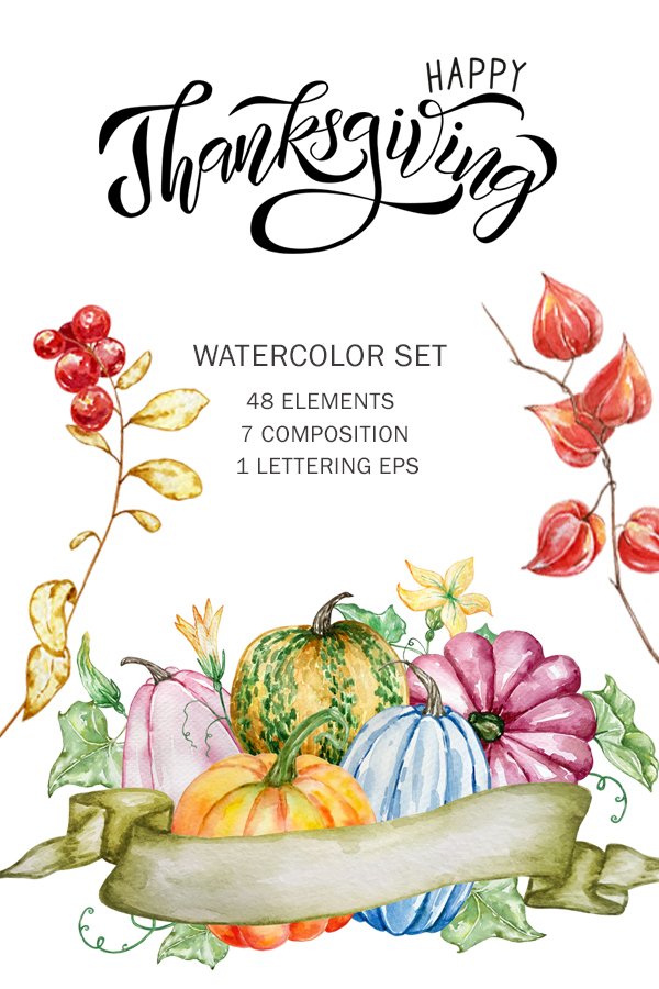 Thanksgiving Autumn watercolor clipart