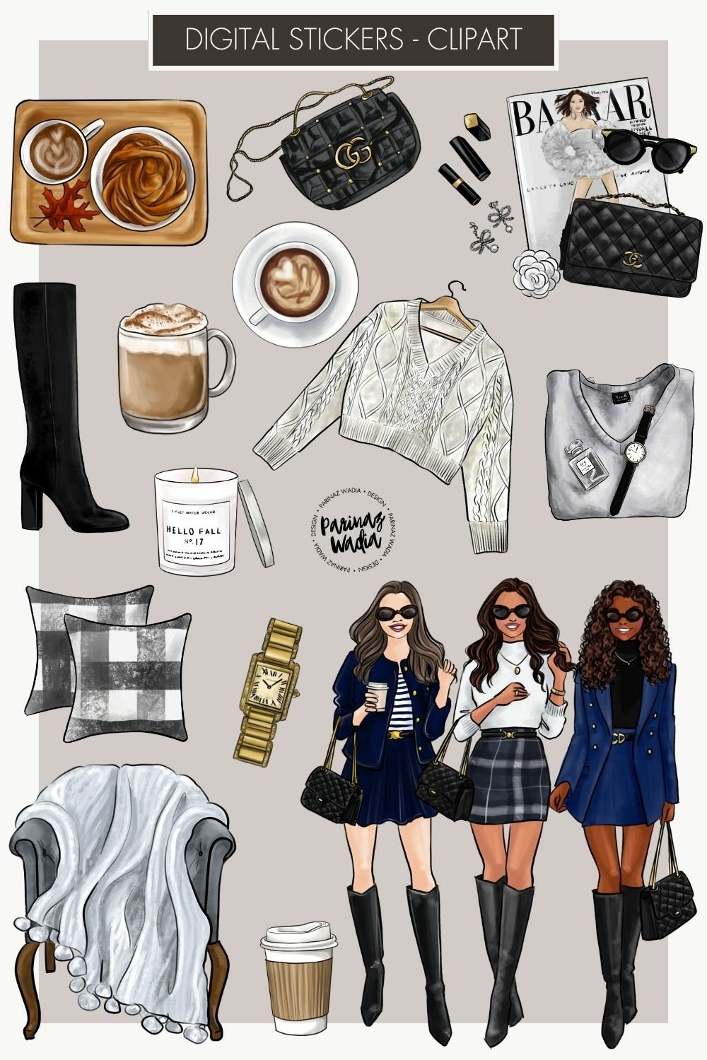 Fall Autumn City Girl Fashion Illustration Clip Art