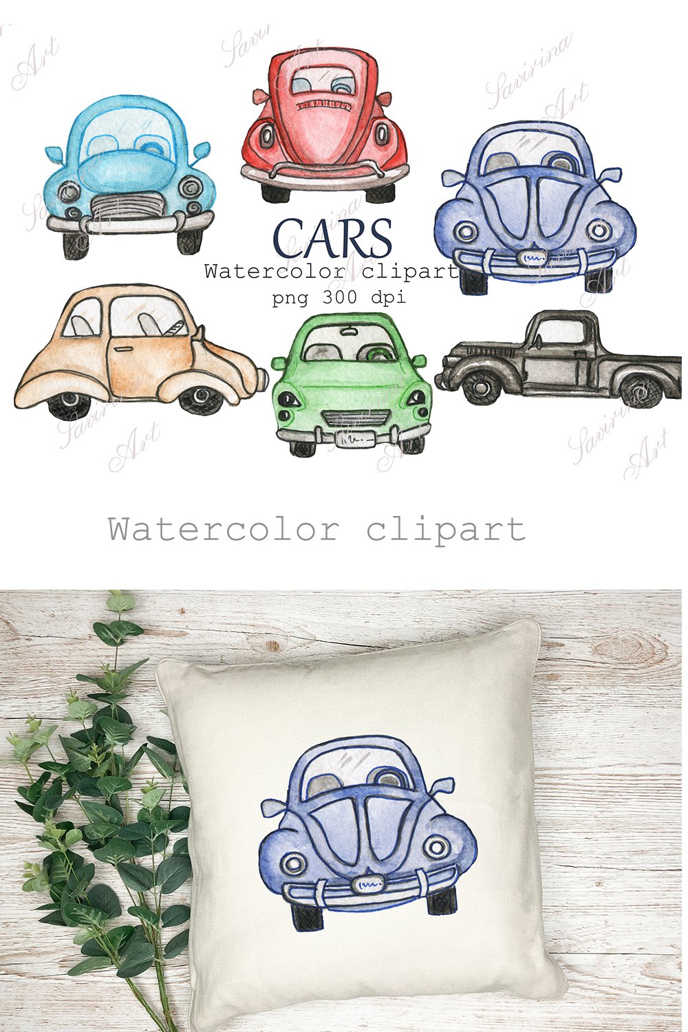 Watercolor Clipart Car,auto Set, PNG sublimation retro