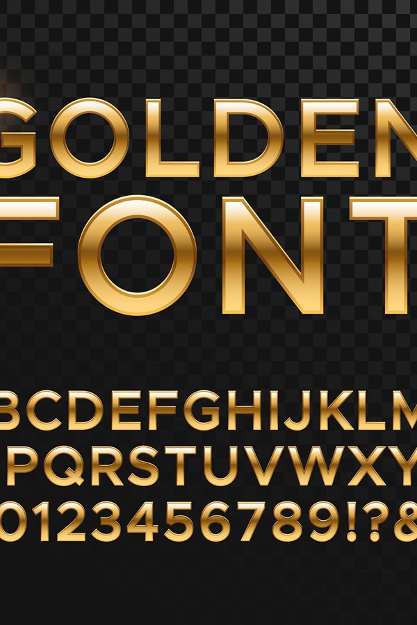 Golden glossy vector font or gold alphabet. Yellow metal typ