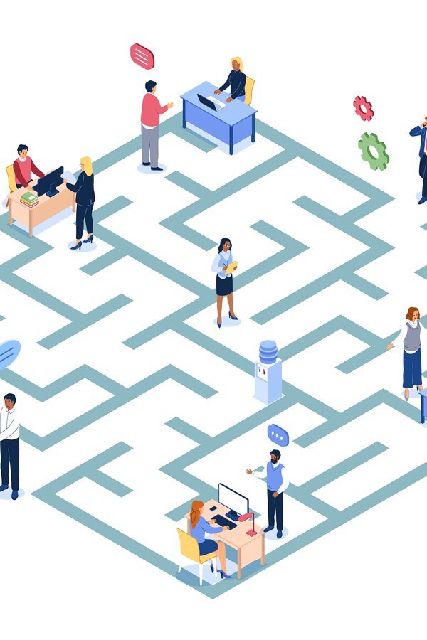 Bureaucratic maze. Labyrinth with working government officia