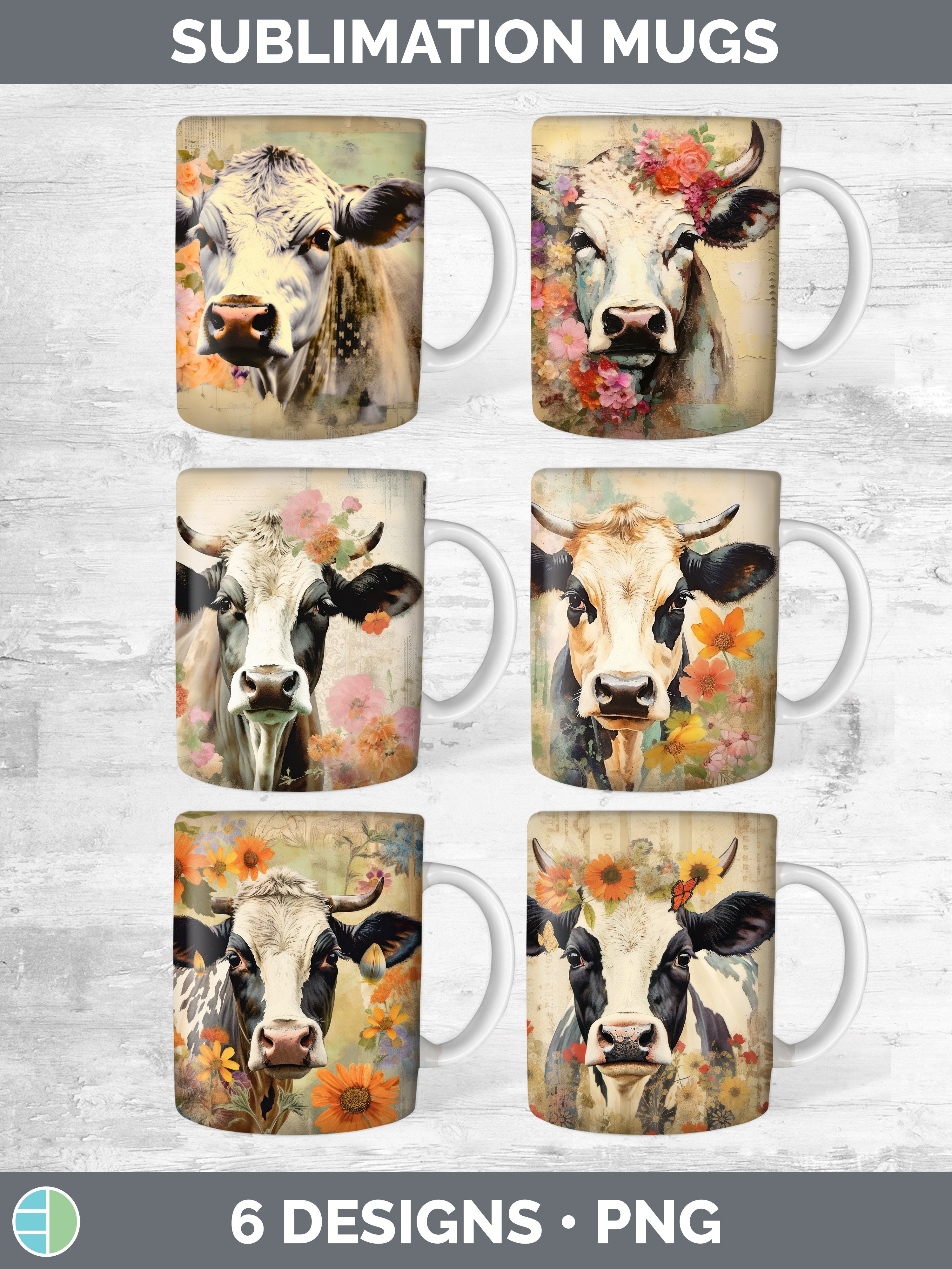 Vintage Cow Mug Wrap | Sublimation Coffee Cup Designs Bundle