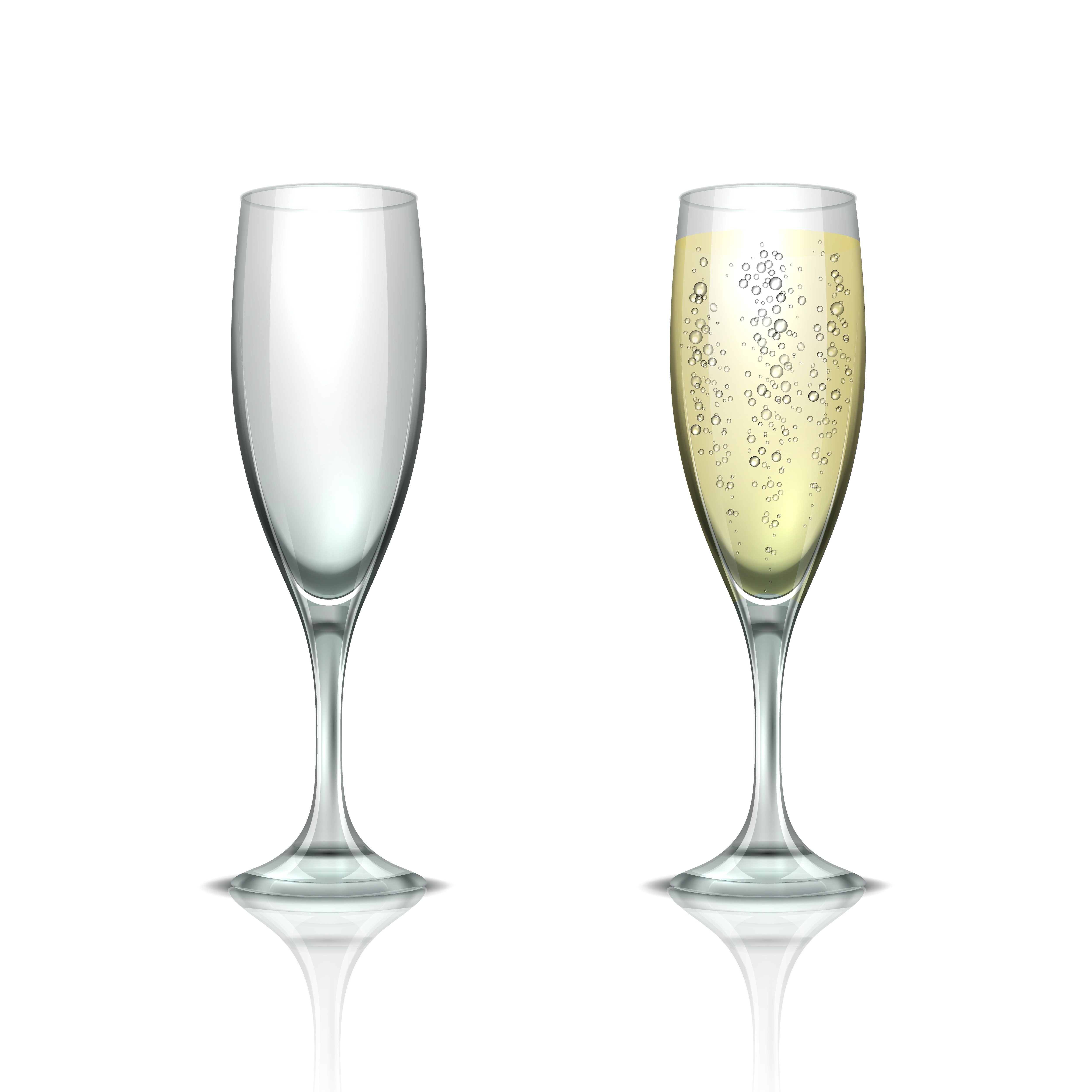 Realistic champagne glass. Empty and full transparent champa
