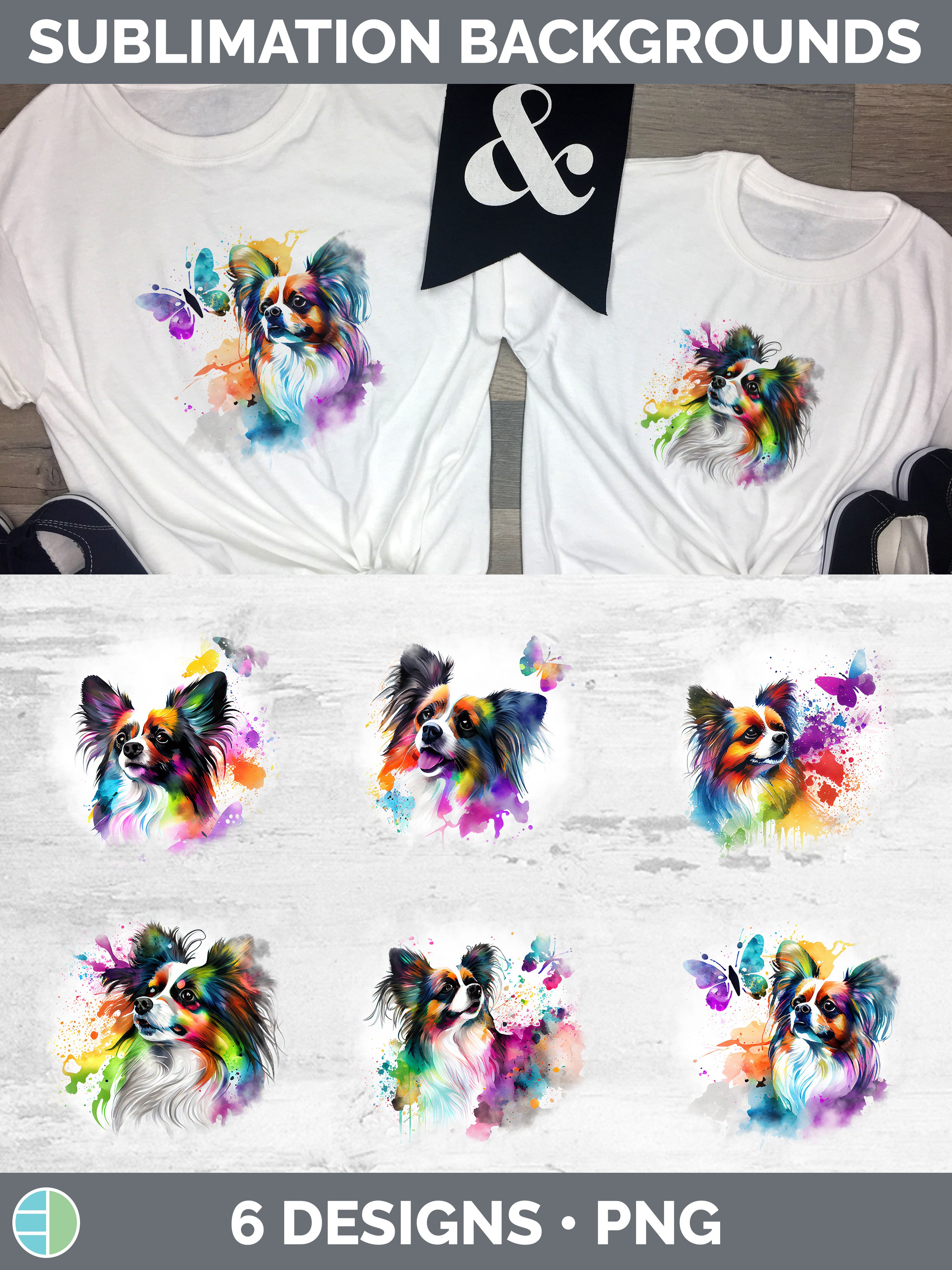 Rainbow Papillon Dog Grunge Background | Sublimation Distres