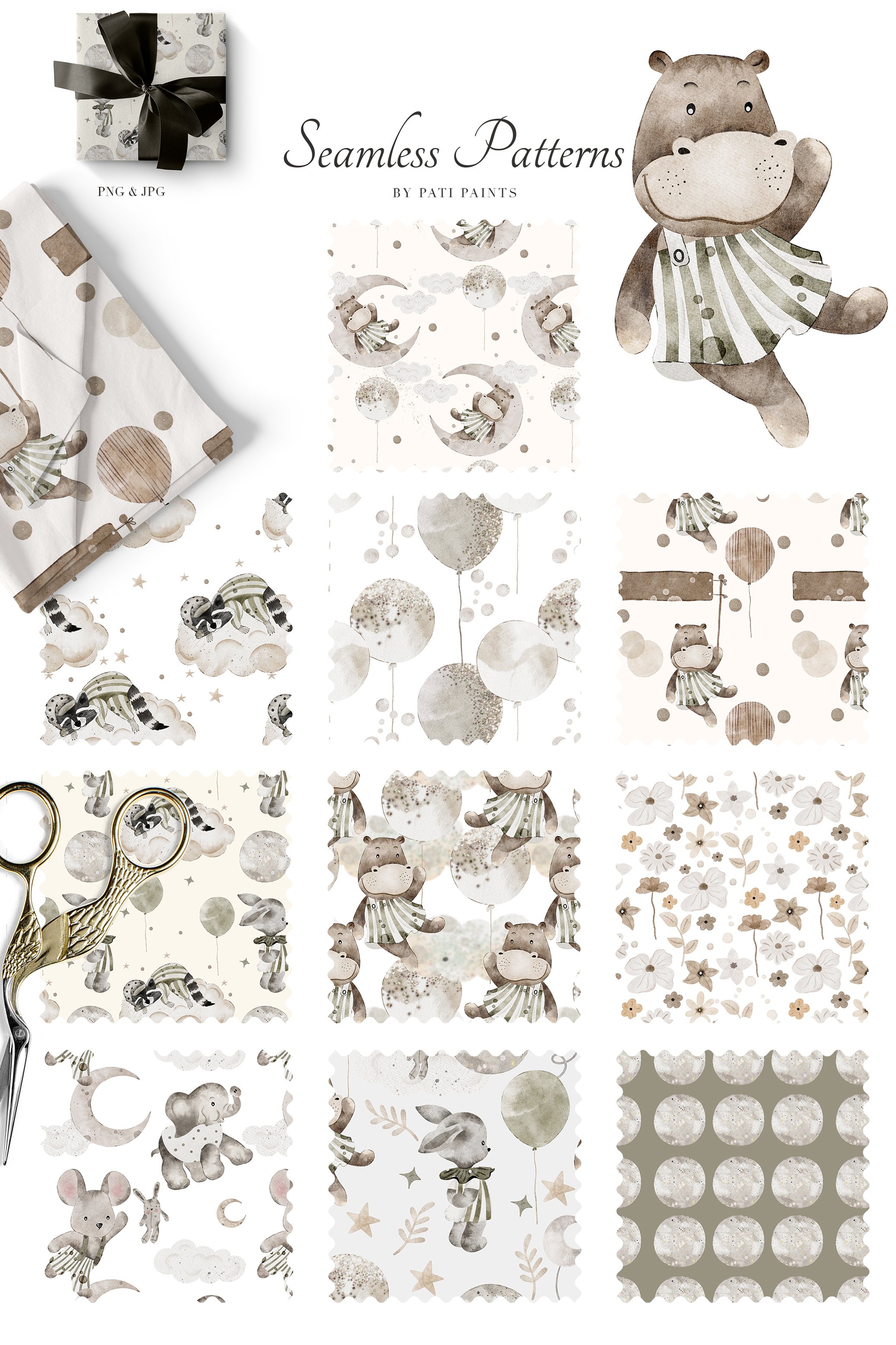 Moon Dreams Seamless Patterns - Watercolor Digital Paper Set