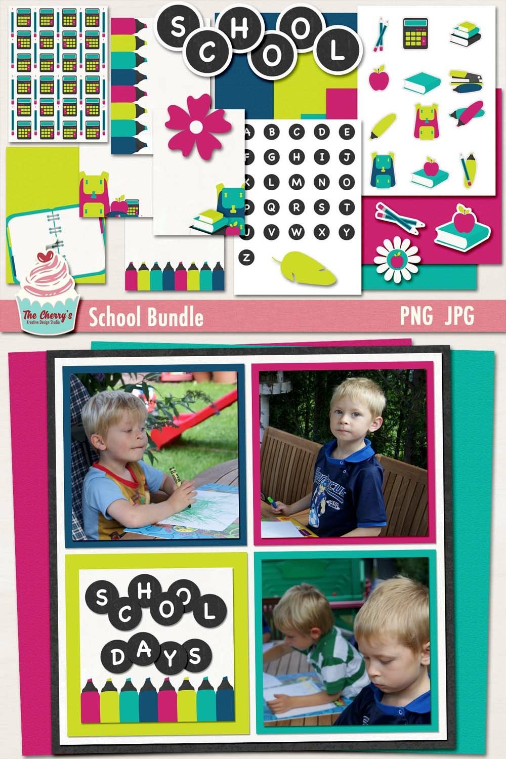 School Bundle of Stickers Papers and Chalkboard Alphabet