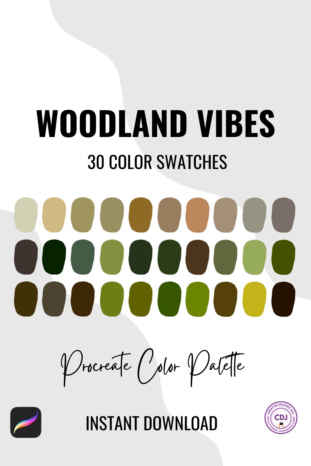 Woodland Vibes Procreate Color Palettes, 30 Color Swatches
