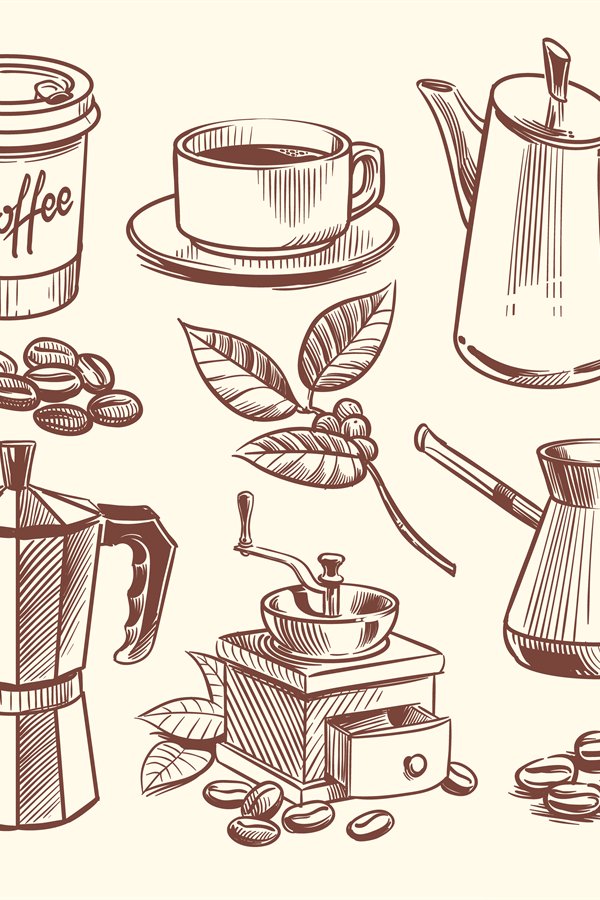 Hand drawn coffee cup, beans, leaves, coffeepot and coffee g
